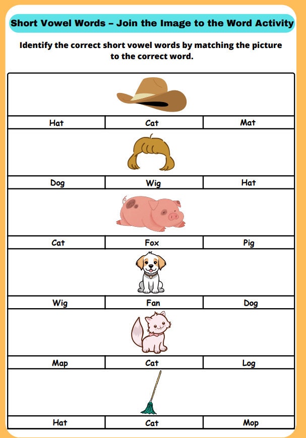 Short Vowel Activity Sheets: Preschool, Pre-k Kindergarten Printable ...