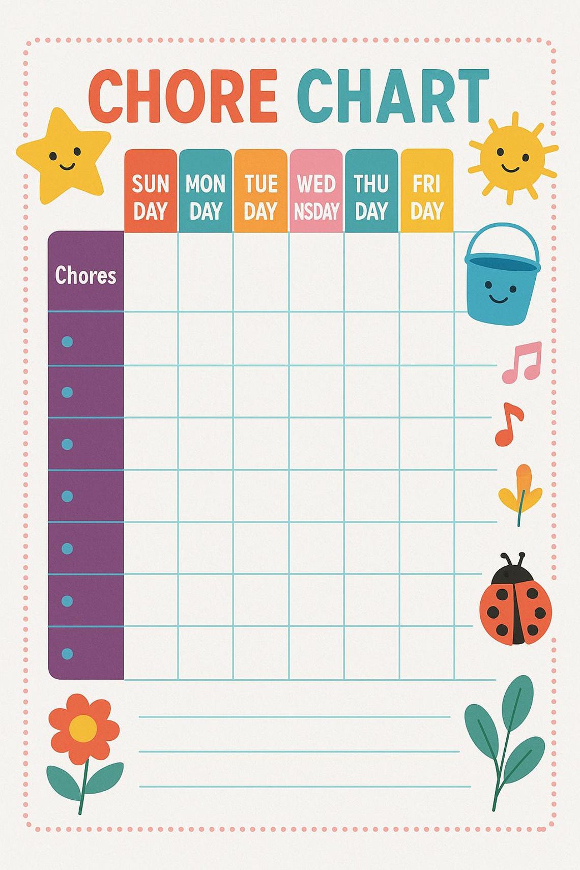 Kids Weekly Chore Chart Printable | Sunday–saturday | Fun & Colorful ...