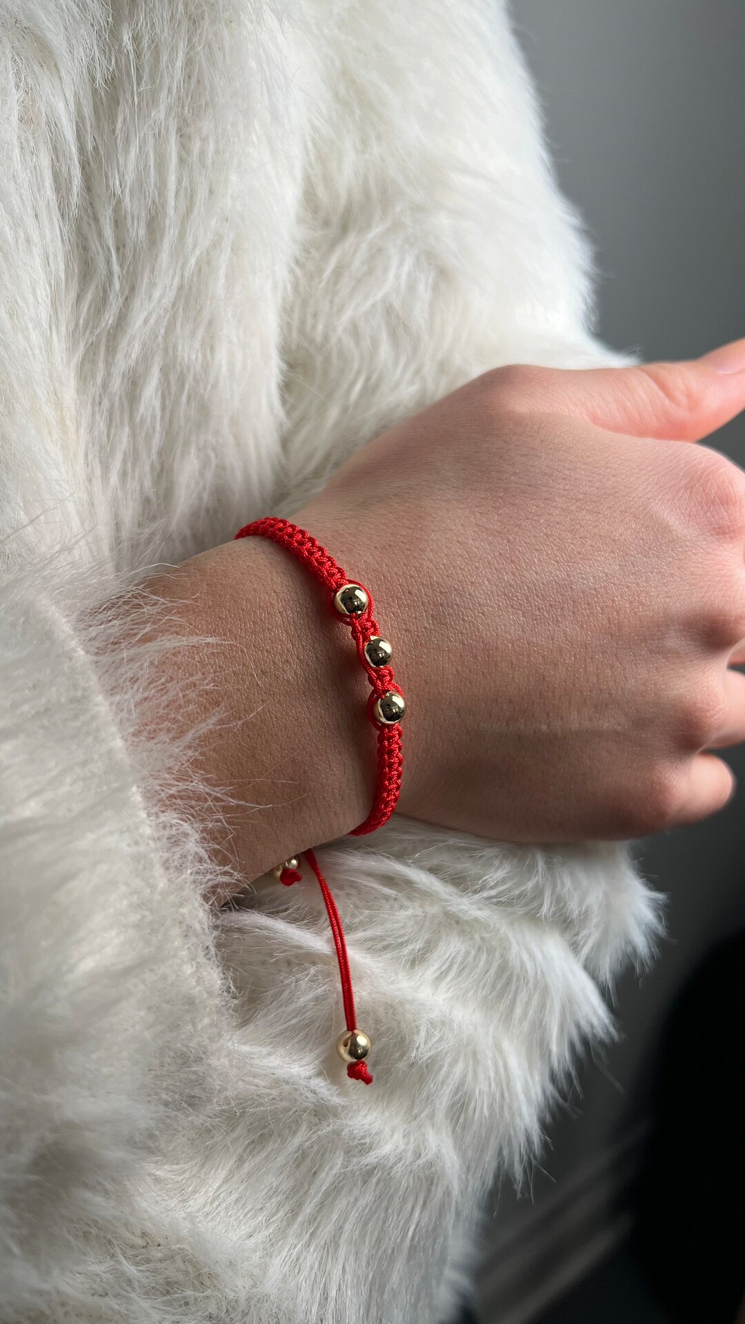 Red String Bracelet • Round Beads in 18K Plated Gold • Protection ...