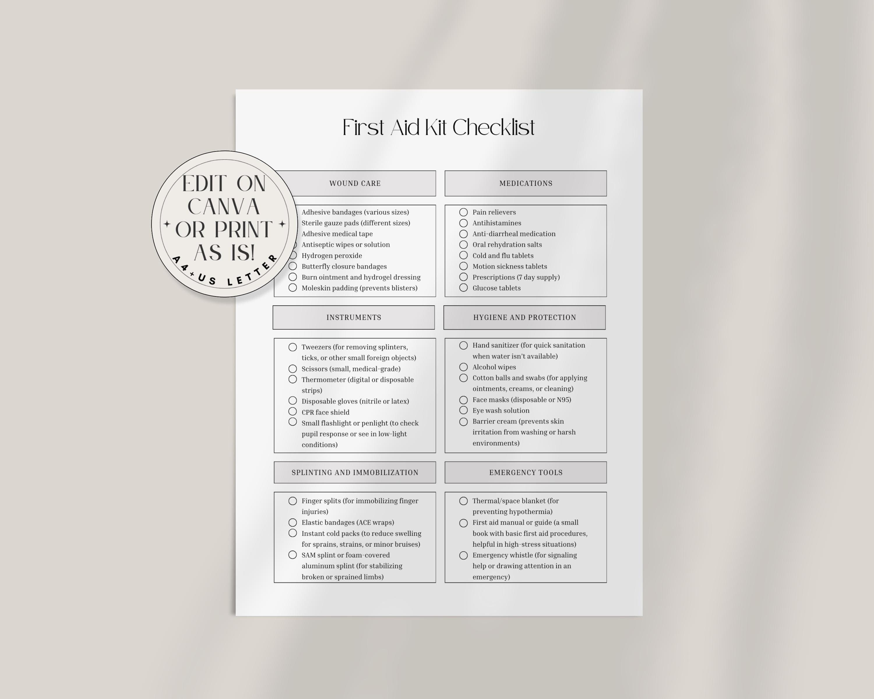 First Aid Kit Checklist: Printable Medical Supplies Guide (PDF) - Etsy