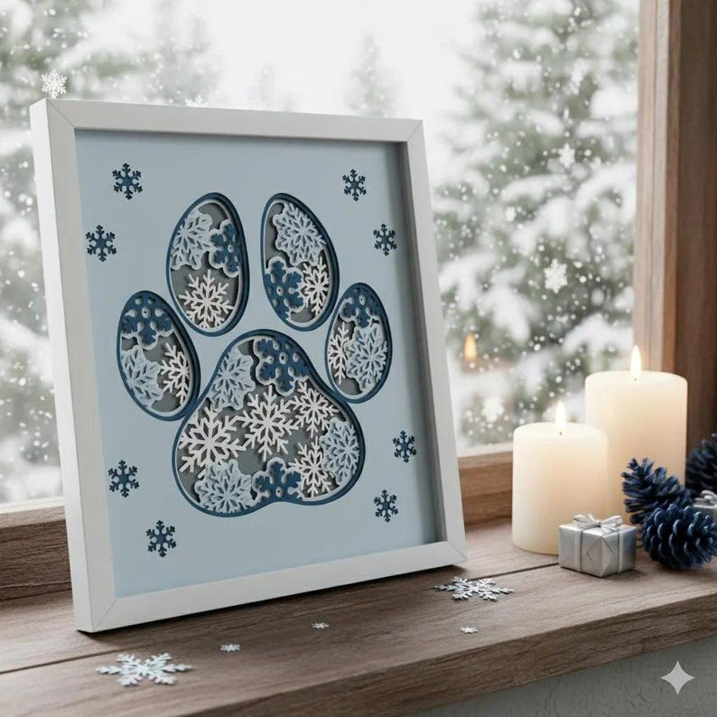 Snowflake Paw Print Shadow Box SVG: Christmas Pet 3D Layered Design - Etsy