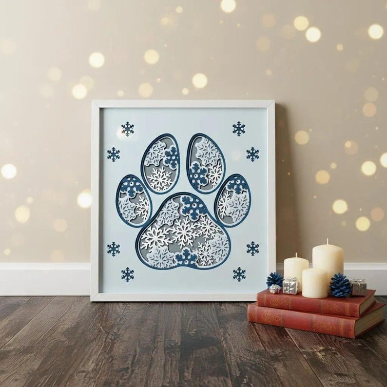Snowflake Paw Print Shadow Box SVG: Christmas Pet 3D Layered Design - Etsy