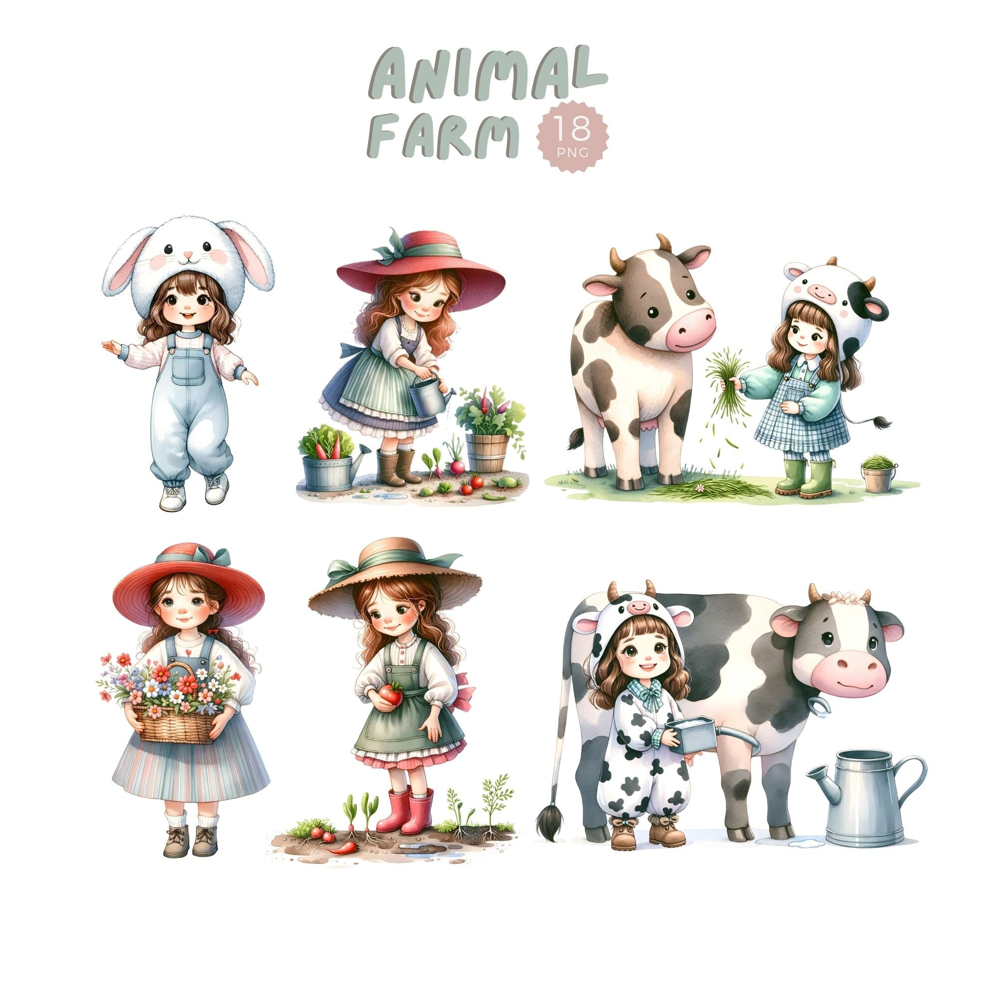 Cute Farm Clipart, Farm Animals Watercolor Digital Clipart, Farm ...