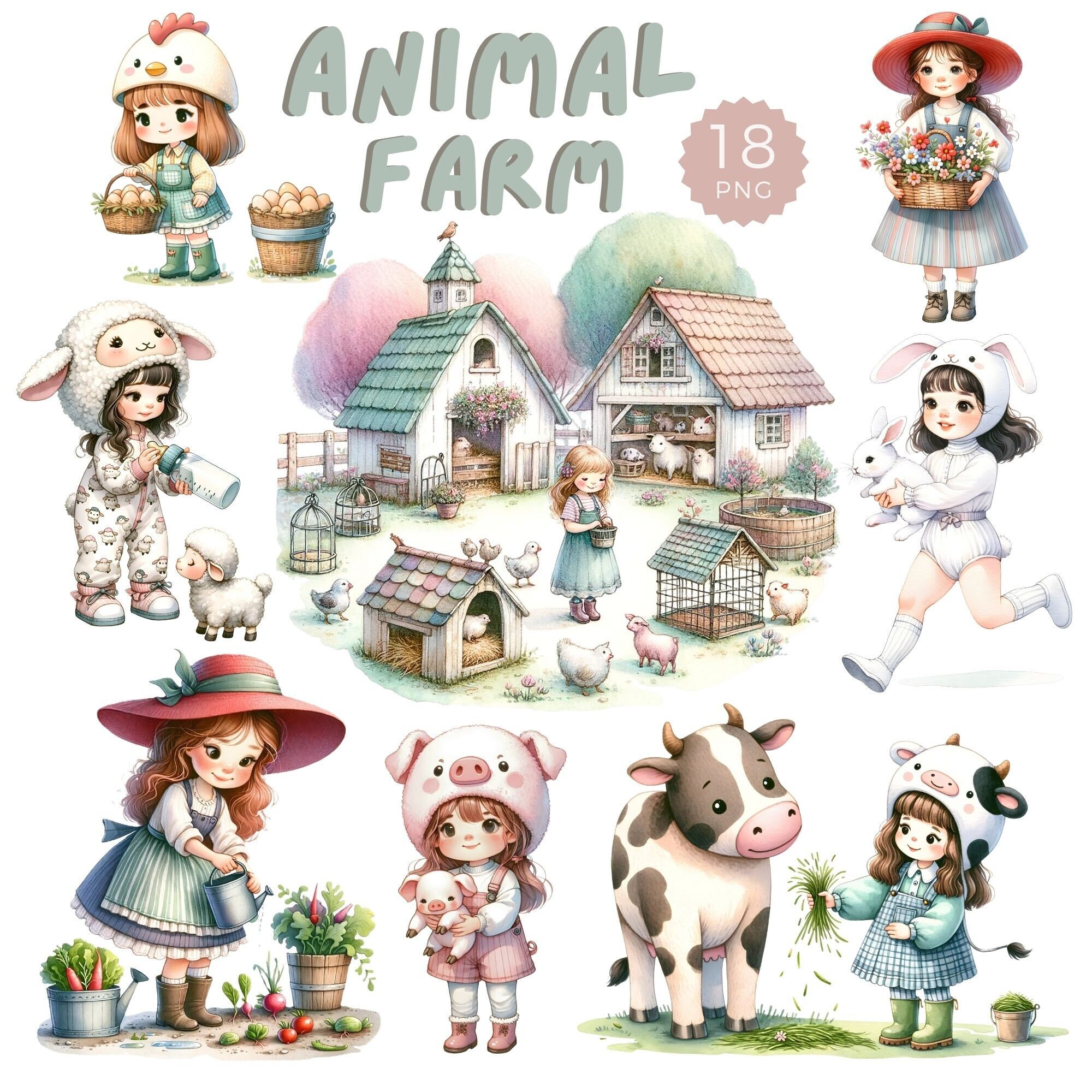 Cute Farm Clipart, Farm Animals Watercolor Digital Clipart, Farm ...