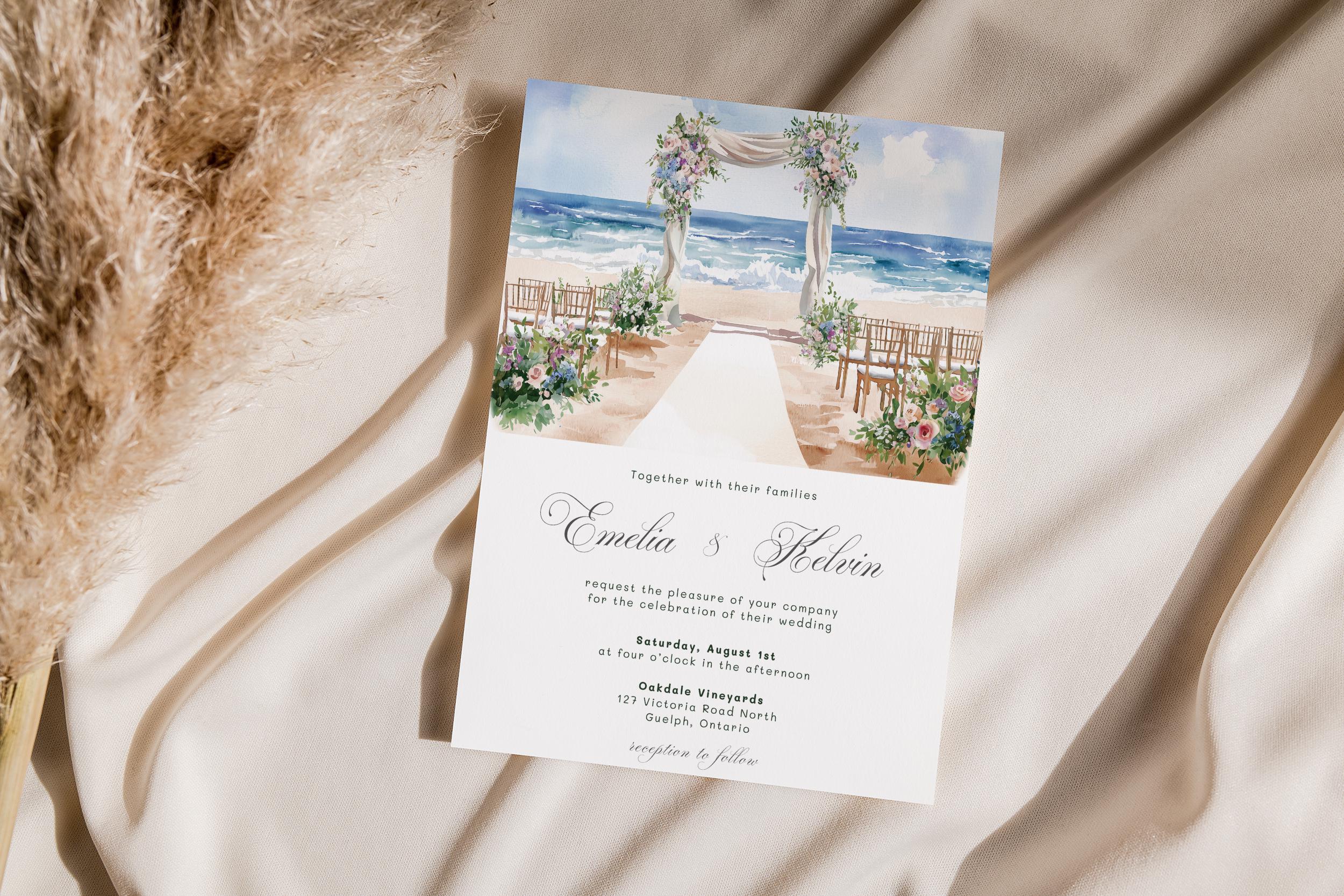 Watercolor Beach Wedding Invitation, Invitation Template, Editable ...