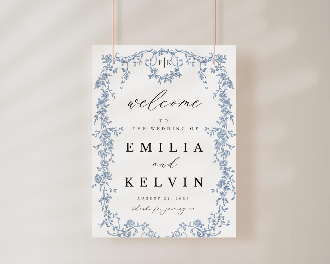 Blue Floral Chinoiserie Wedding Welcome Sign | Garden Monogram Blue ...