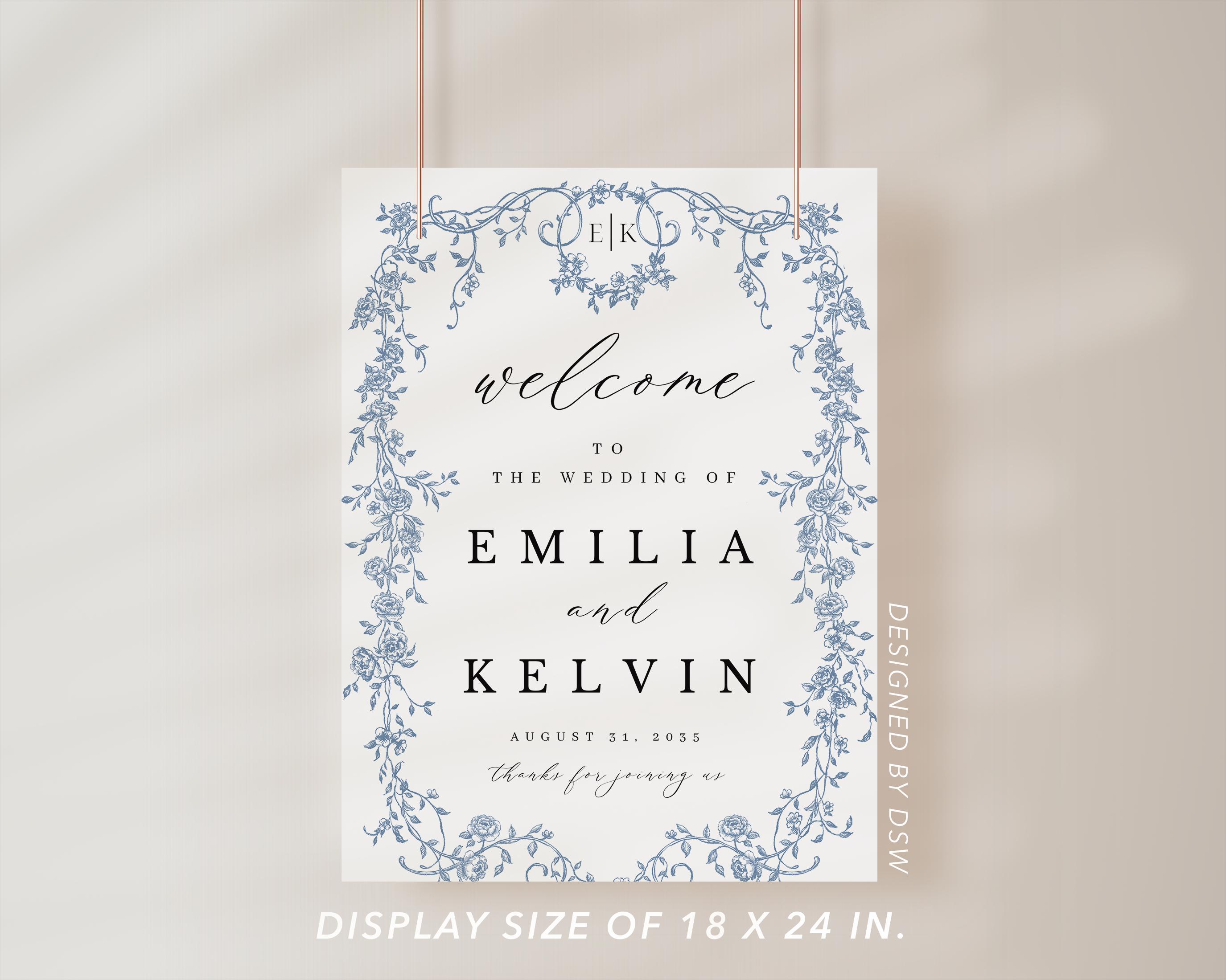 Blue Floral Chinoiserie Wedding Welcome Sign | Garden Monogram Blue ...