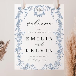 Blue Floral Chinoiserie Wedding Welcome Sign | Garden Monogram Blue ...