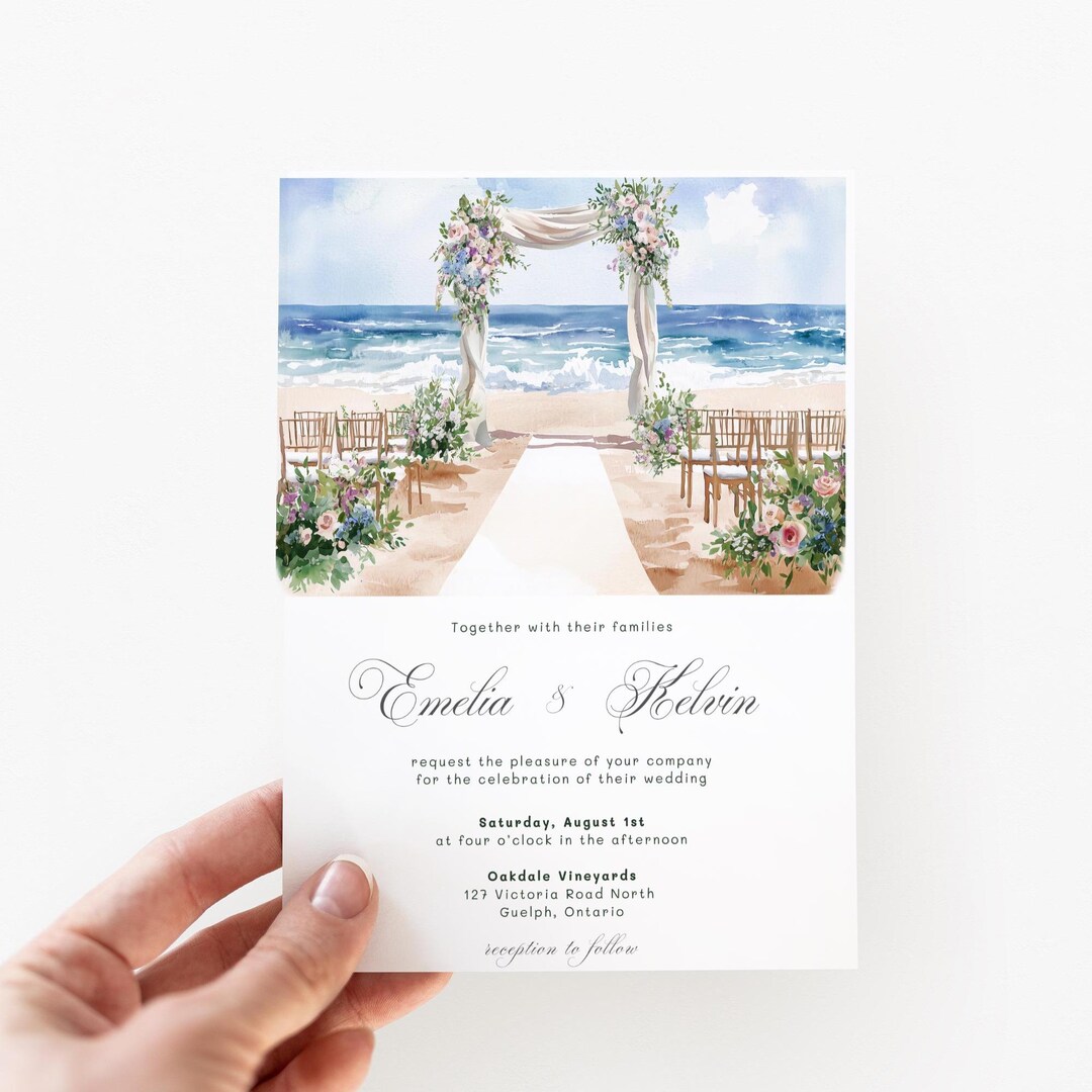 Watercolor Beach Wedding Invitation, Invitation Template, Editable ...