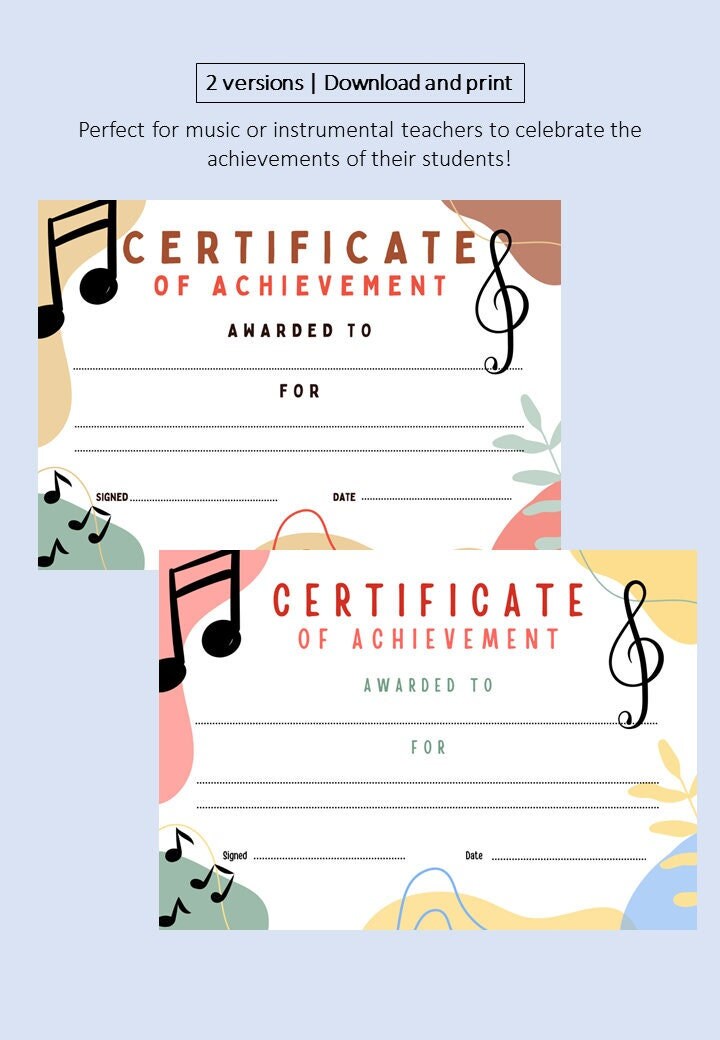 Printable Music Certificate of Achievement - Etsy