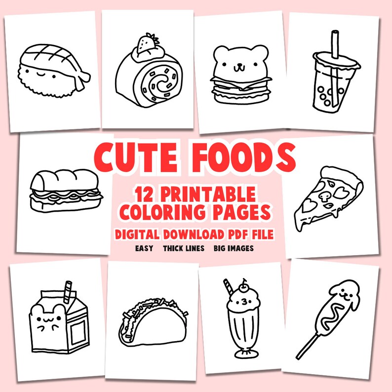 Foods Coloring Pages Easy Cute Kids Book Simple Printable Digital for ...