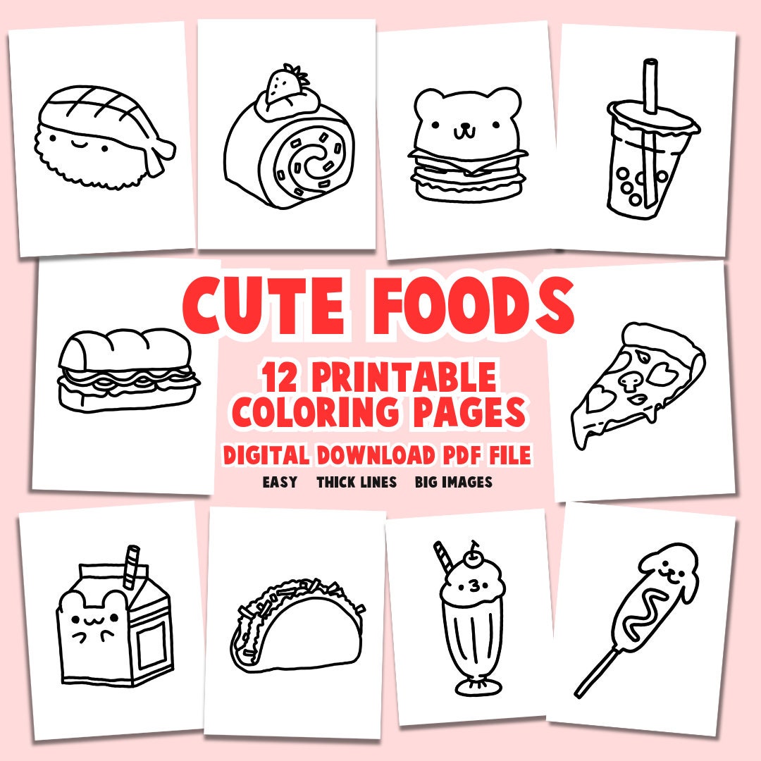 Foods Coloring Pages Easy Cute Kids Book Simple Printable Digital for ...