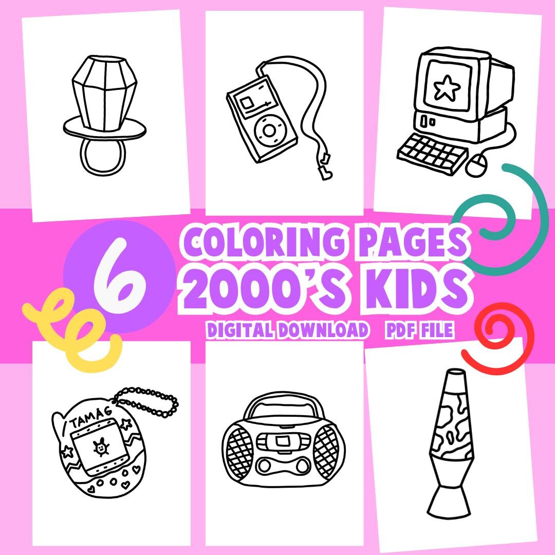 2000s Kids Coloring Pages Bundle for Adult Kids Easy Computer Cassette ...