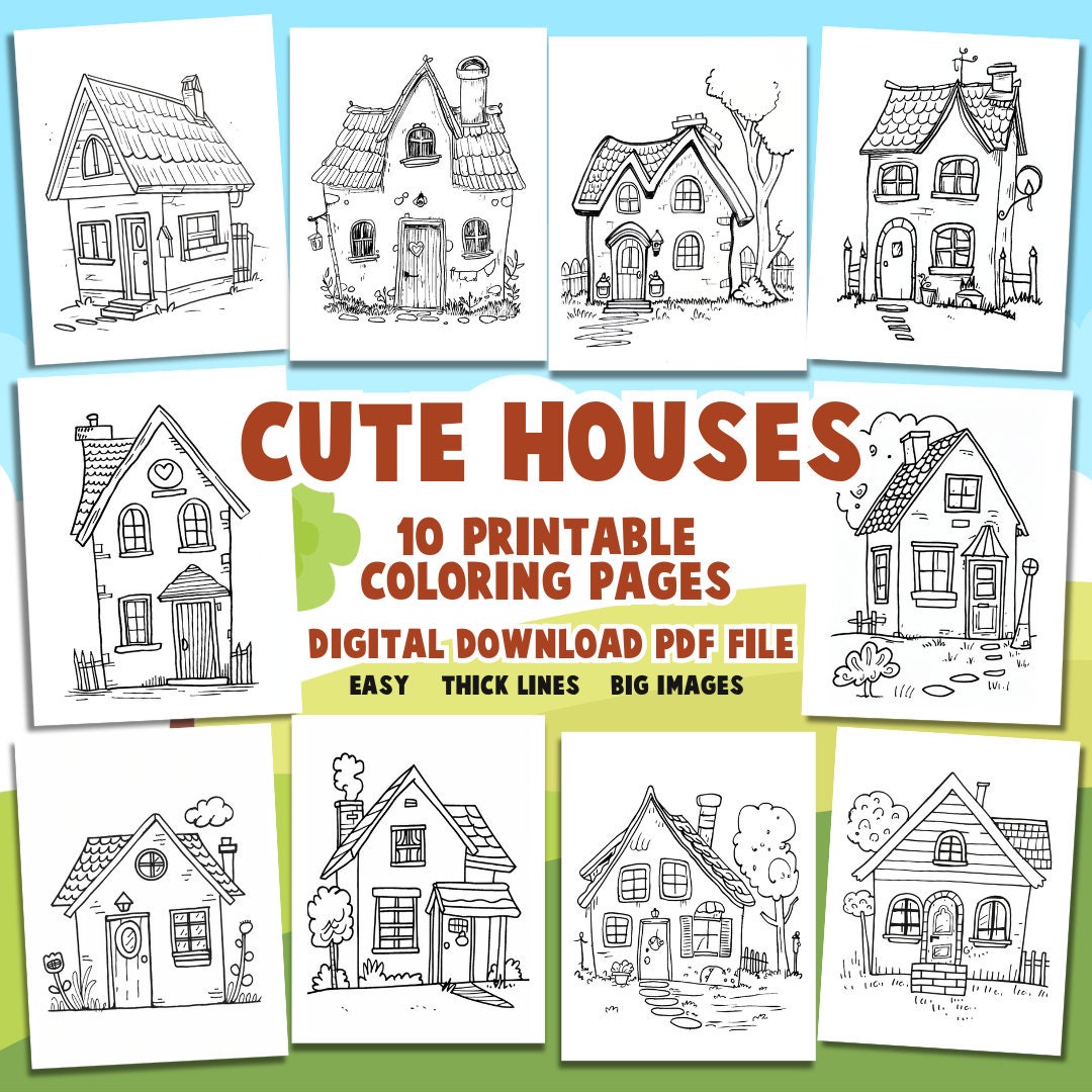 Houses Coloring Pages Book Easy Cute Printable Adult Kids Digital for ...