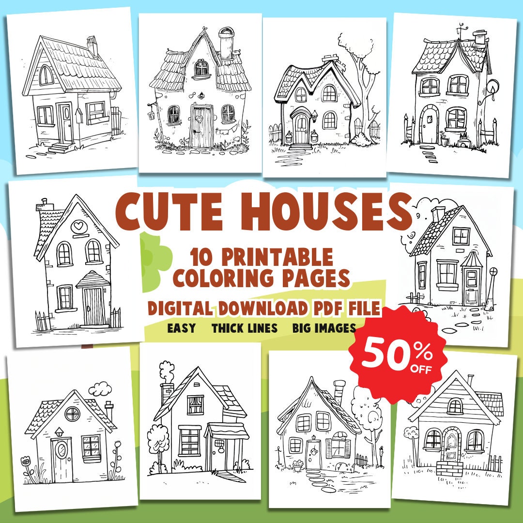 Houses Coloring Pages Book Easy Cute Printable Adult Kids Digital for ...