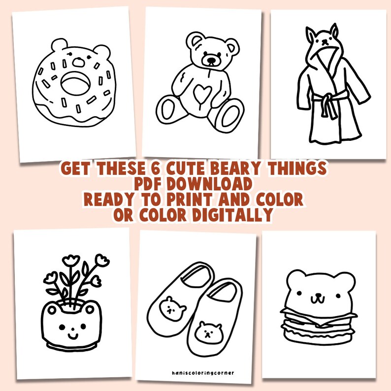 Beary Things Coloring Book Pages Bear Teddy Theme Easy Kawaii Retro ...