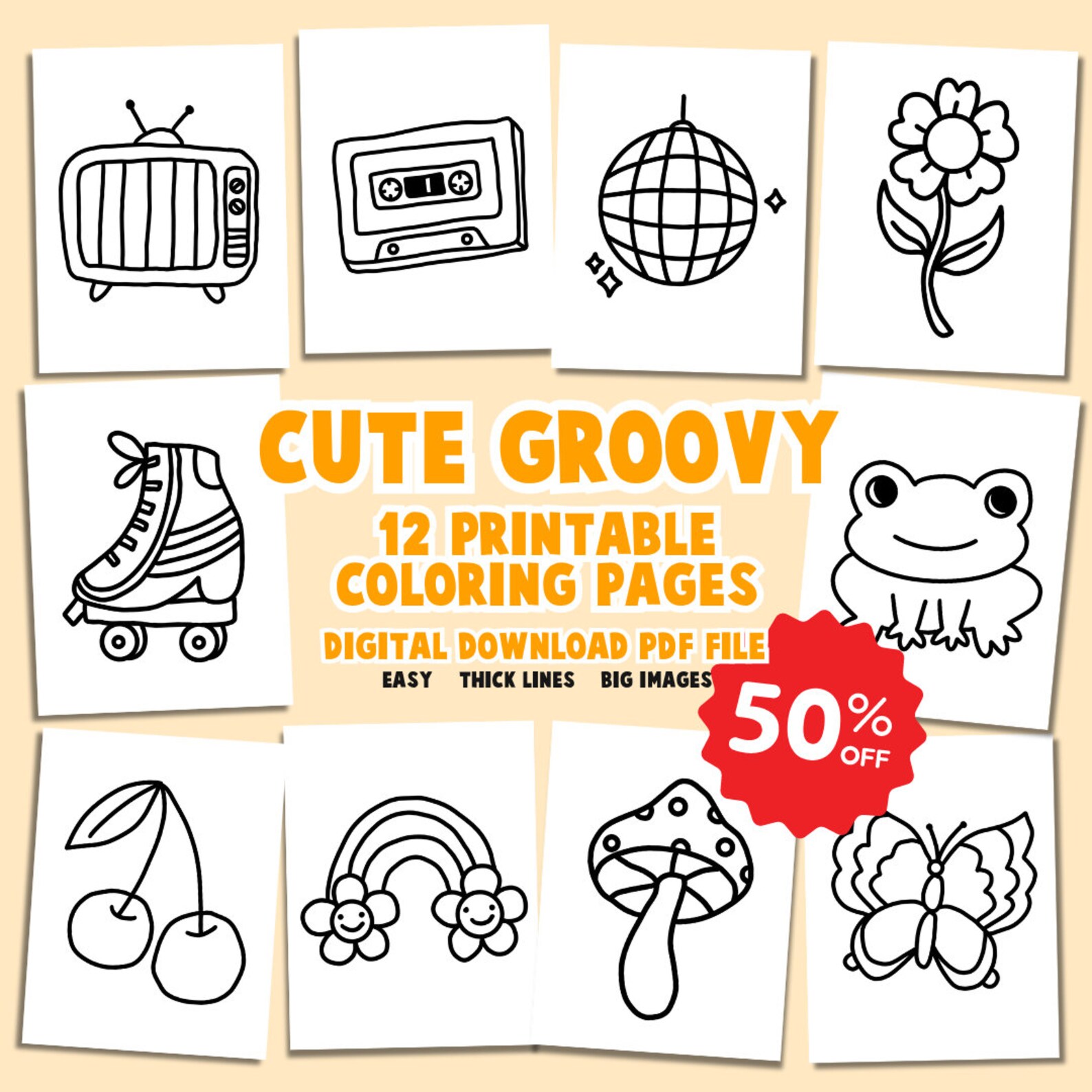 Groovy Coloring Pages Easy Cute Adult Kids Coloring Pages Book Simple ...