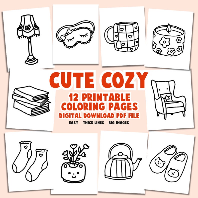 Cozy Coloring Pages Easy Cute Adult Kids Book Simple Printable Digital ...