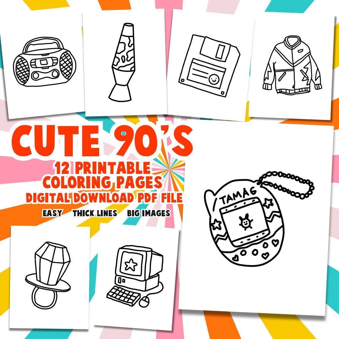 Retro Coloring Pages 90s Color Book Easy Cute Printable Adult Kids ...
