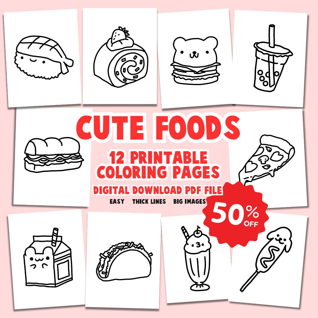 Foods Coloring Pages Easy Cute Kids Book Simple Printable Digital for ...