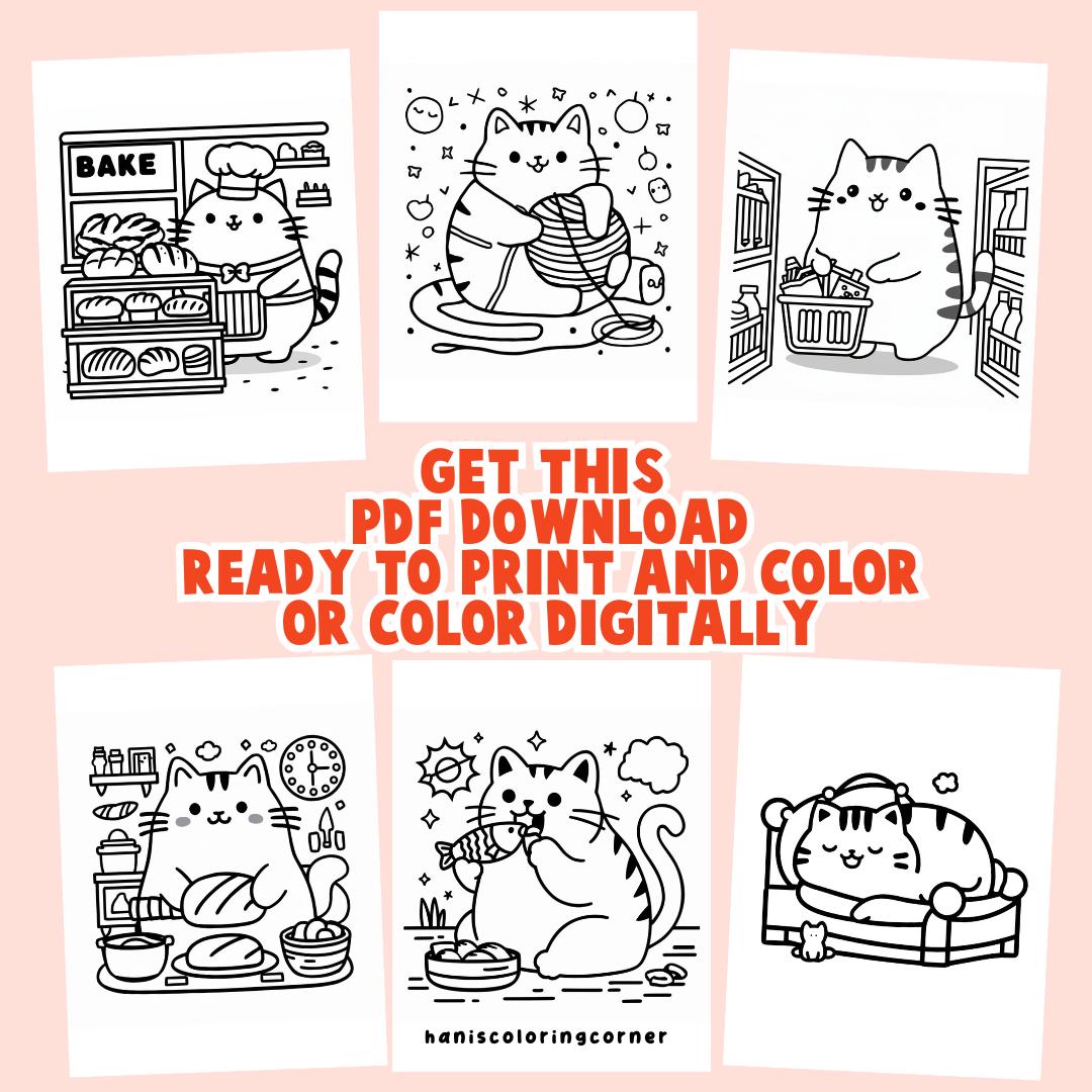 Kawaii Cat Coloring Book Pages Easy Cartoon Kitten Baking Sleep Adult ...