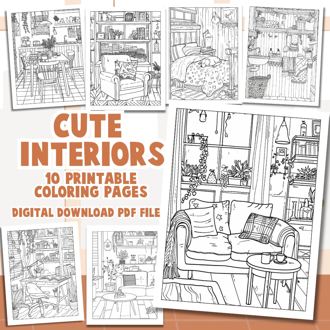 Cute Interiors Coloring Pages Book Easy Cute Printable Adult Kids ...
