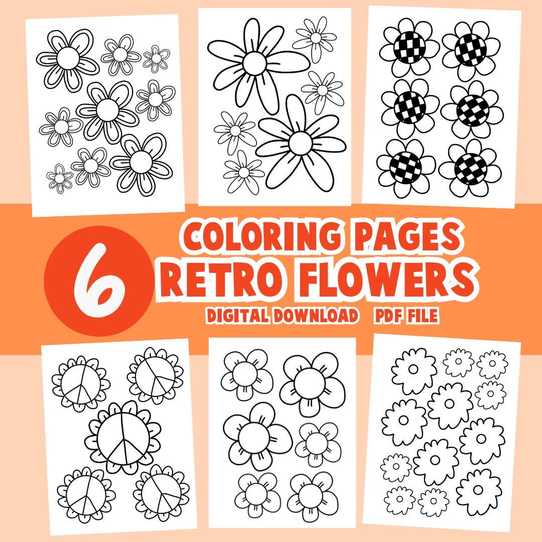 Retro Flowers Coloring Pages Bundle for Adult Kids Easy Flower Pattern ...