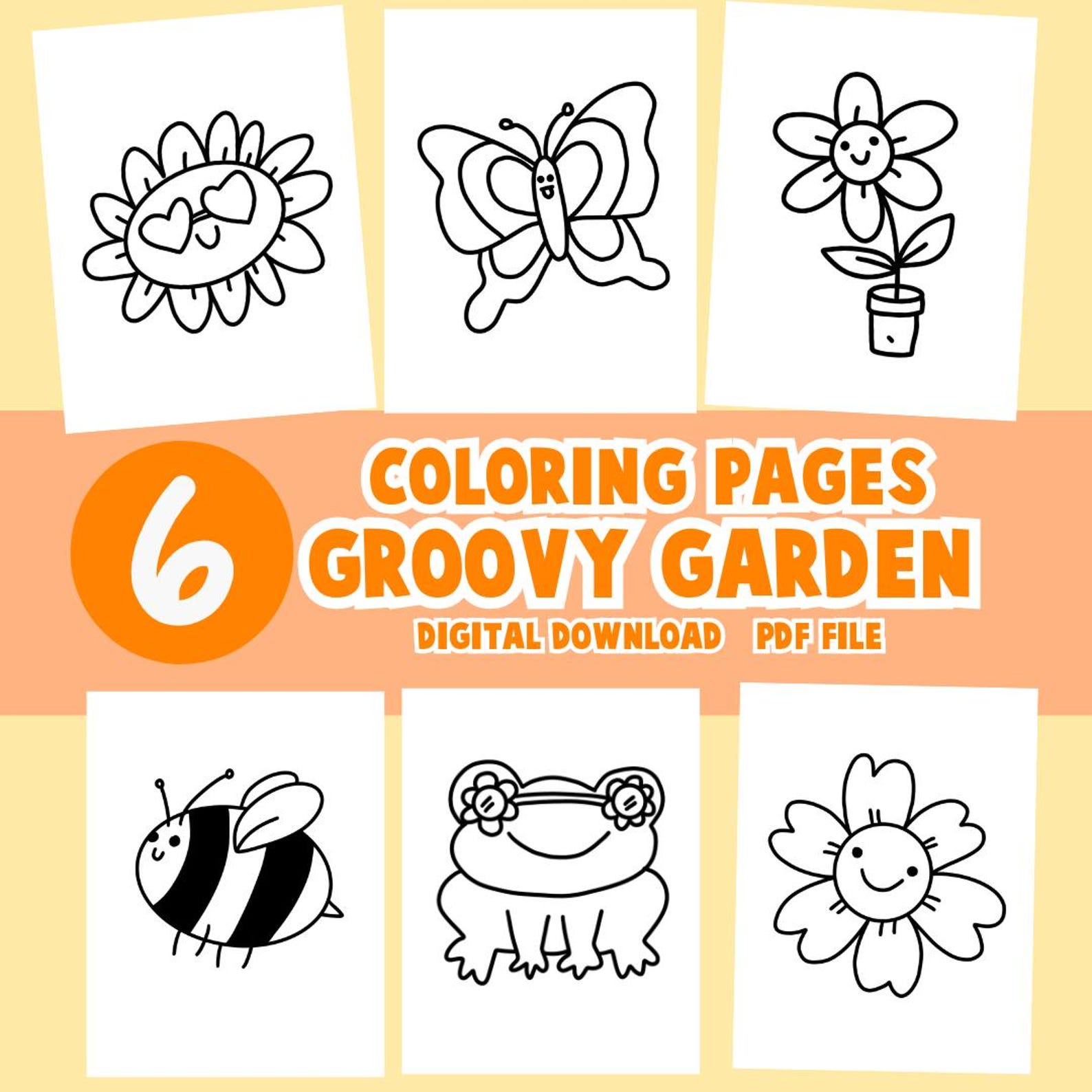 Groovy Garden Coloring Pages Bundle Easy Flower Frog Bee Plant Book ...