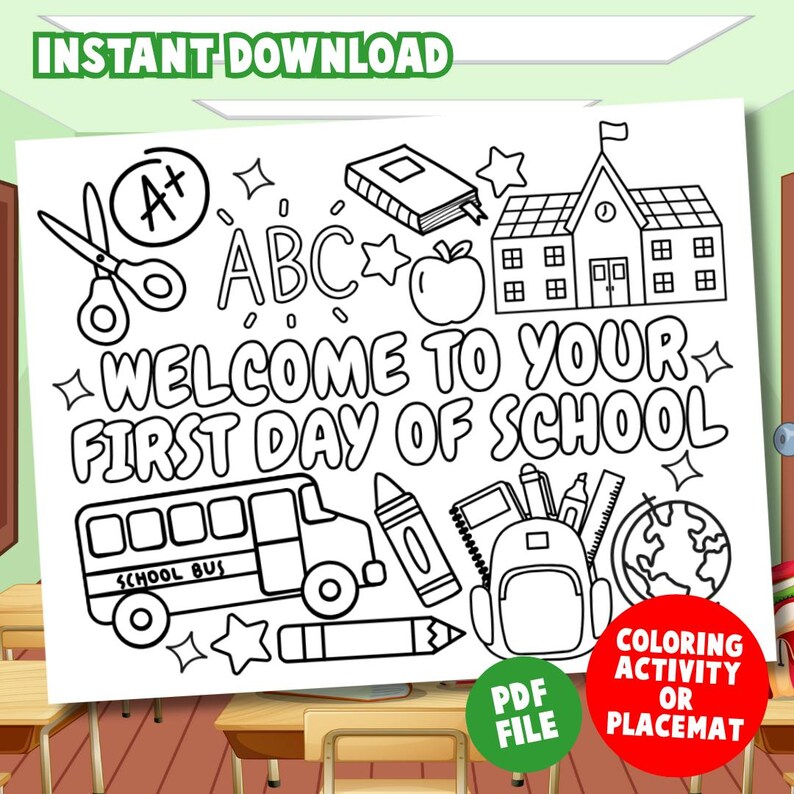 First Day of School Coloring Page, Back to School Printable Sheet, Kids ...