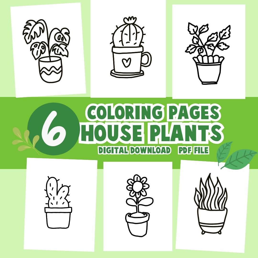 House Plants Coloring Pages Bundle Easy Flower Cactus Plant Book Cute ...