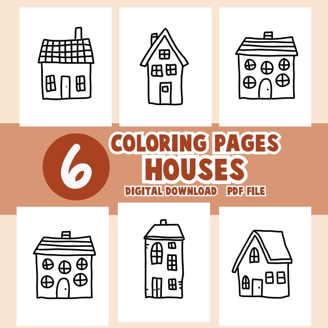 Simple Houses Coloring Pages Bundle Easy Home Cartoon Exterior Book for ...