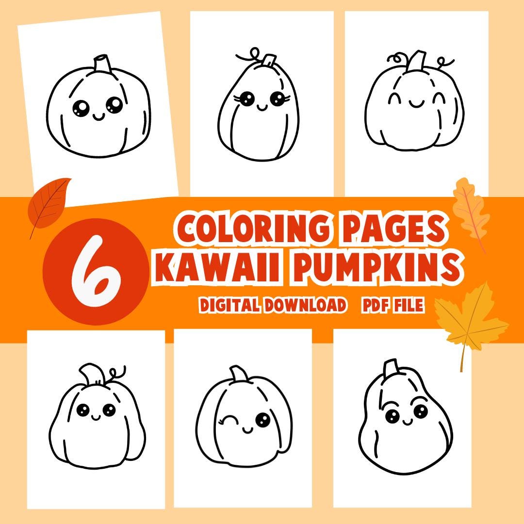 Kawaii Pumpkin Coloring Pages Bundle for Adult Kids Easy Autumn Jack-o ...