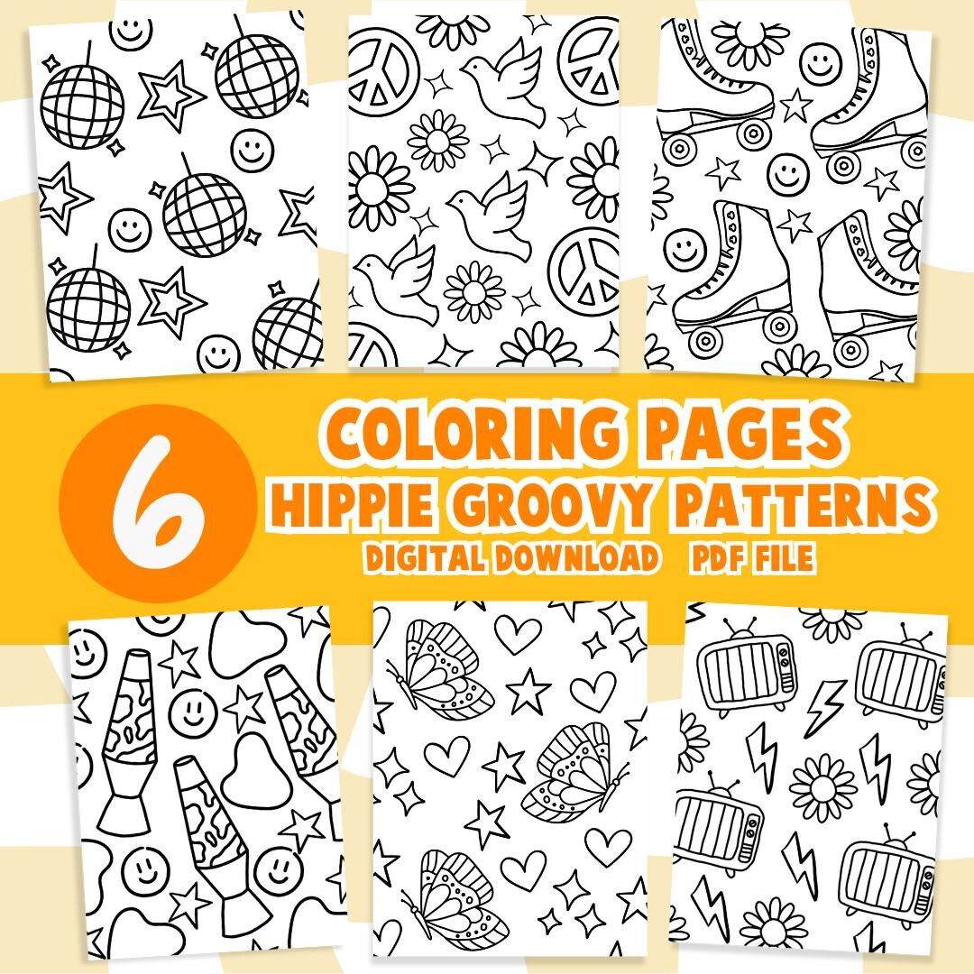Hippie Groovy Patterns Coloring Book Pages Floral Disco Easy Retro ...