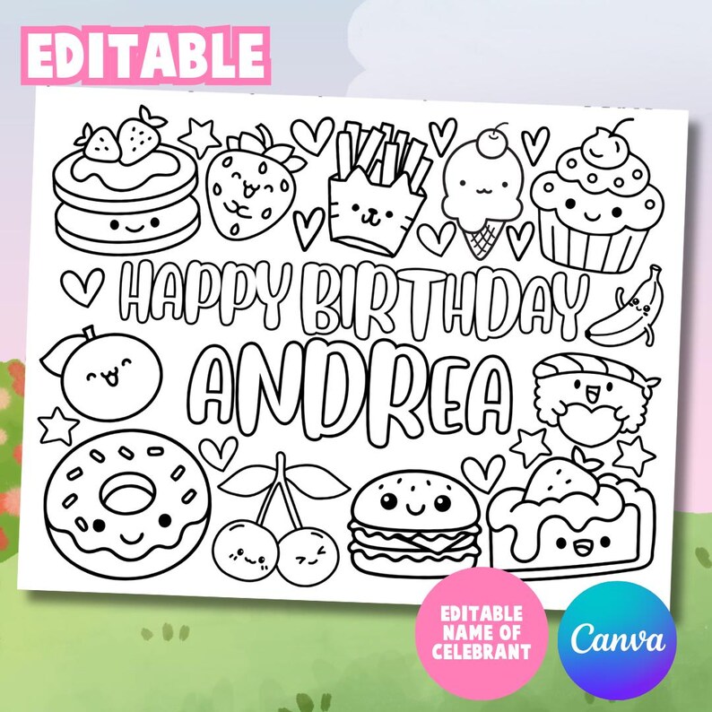 Custom Name Kawaii Birthday Coloring Page, Printable Coloring Page ...