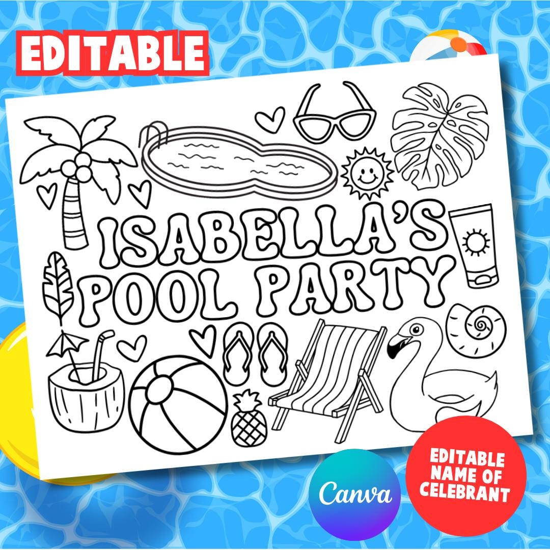 Custom Name Pool Party Birthday Coloring Page, Printable Coloring Page ...