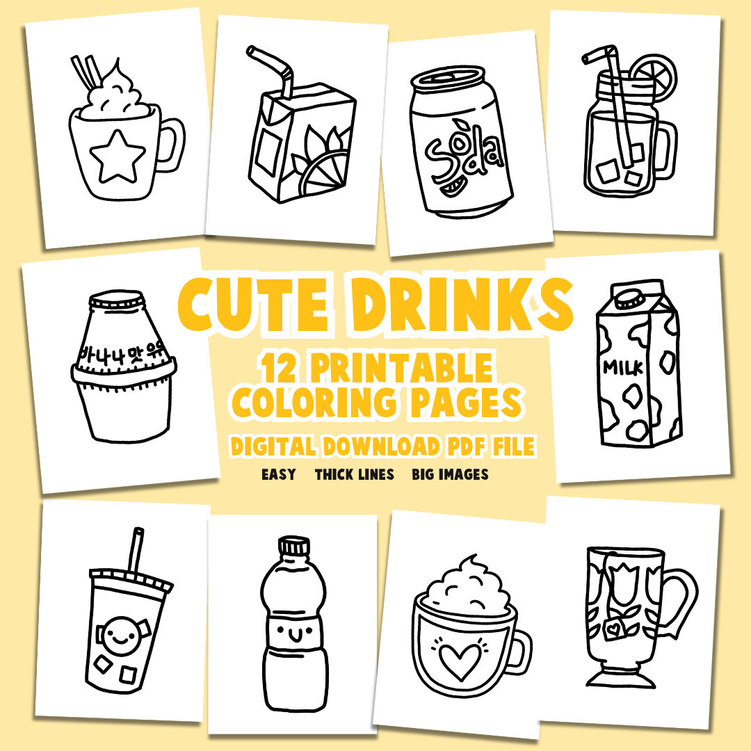 Drinks Coloring Pages Easy Cute Adult Kids Book Simple Printable ...