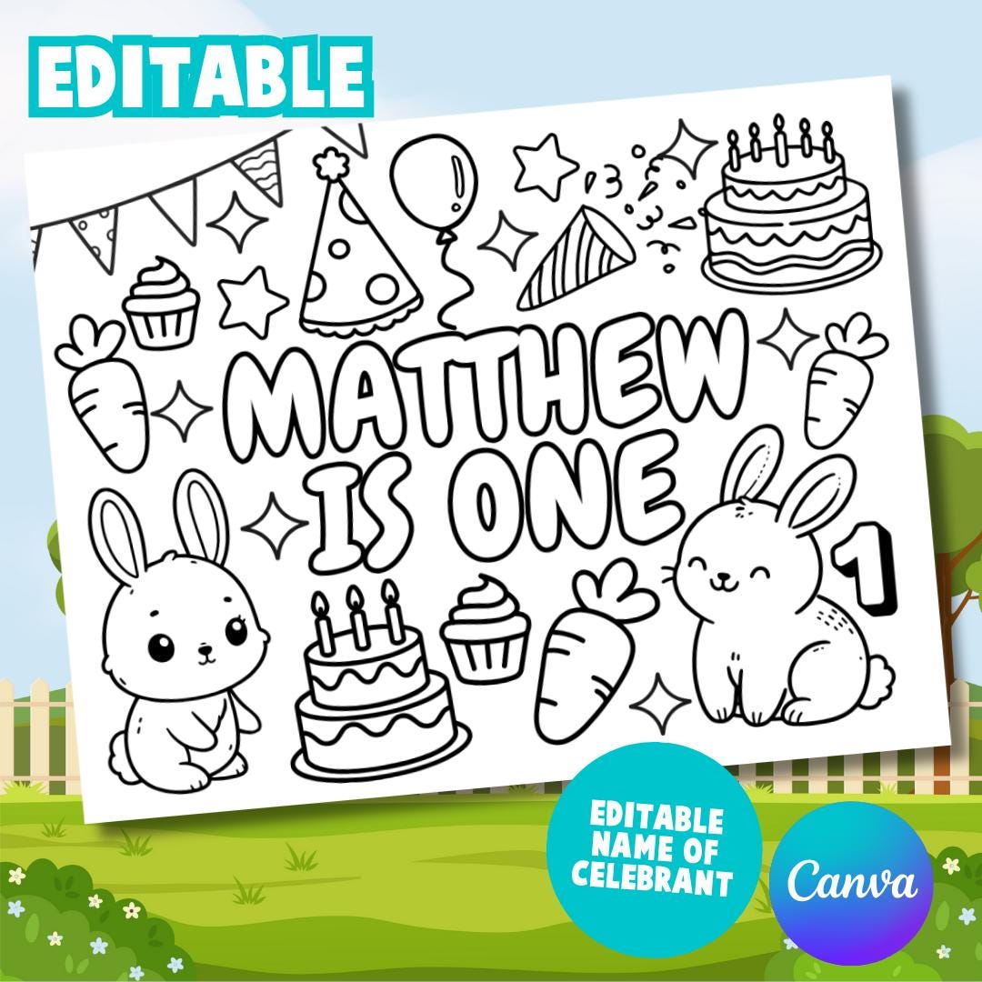 Custom Bunny 1st Birthday Coloring Page, Printable Personalized ...
