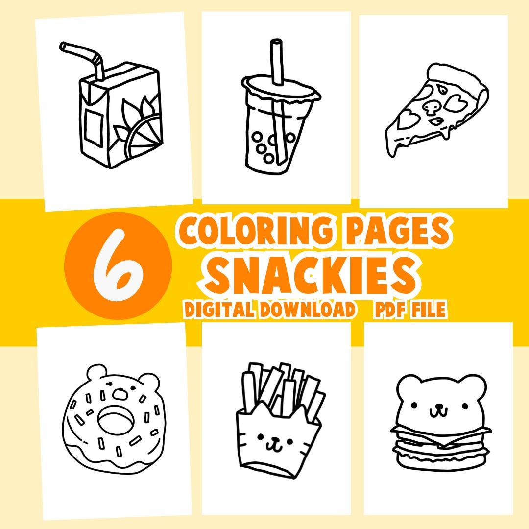 Snacks Coloring Pages Bundle Book for Adult Kids Easy Juice Boba Pizza ...