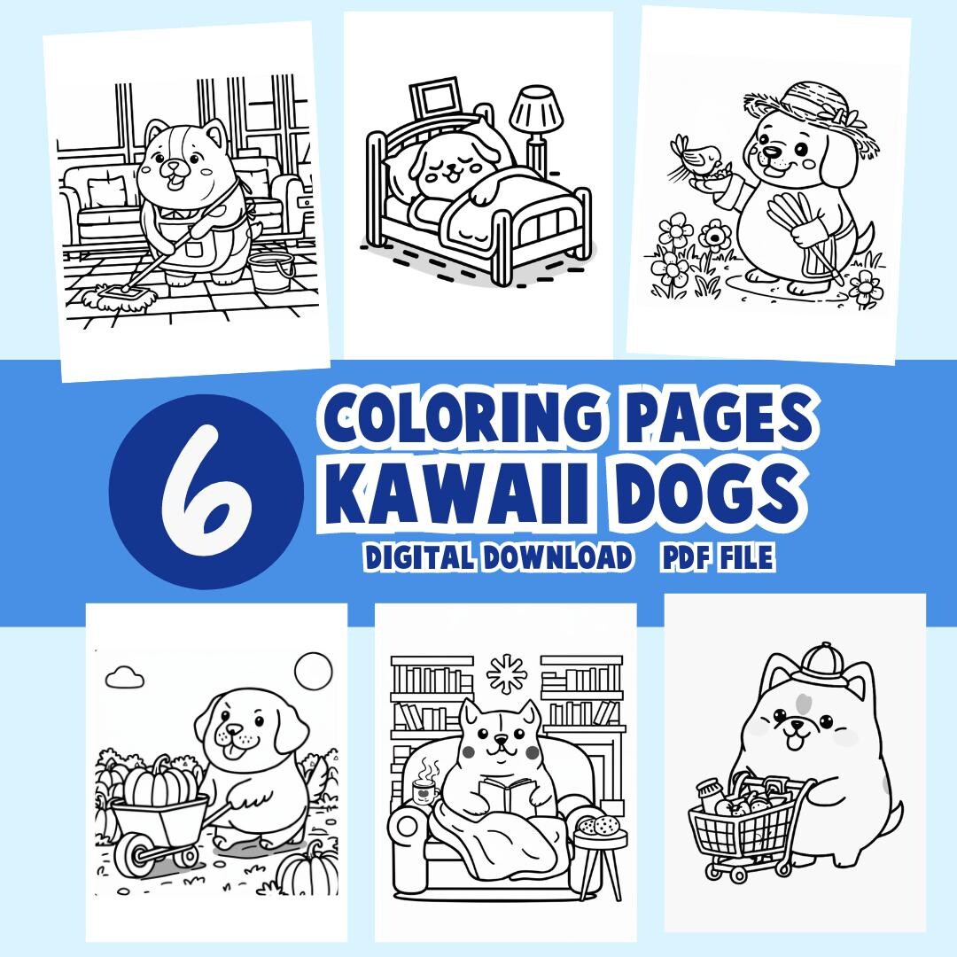 Kawaii Dogs Coloring Pages Bundle for Adult Kids Easy Cute Chibi Pet ...