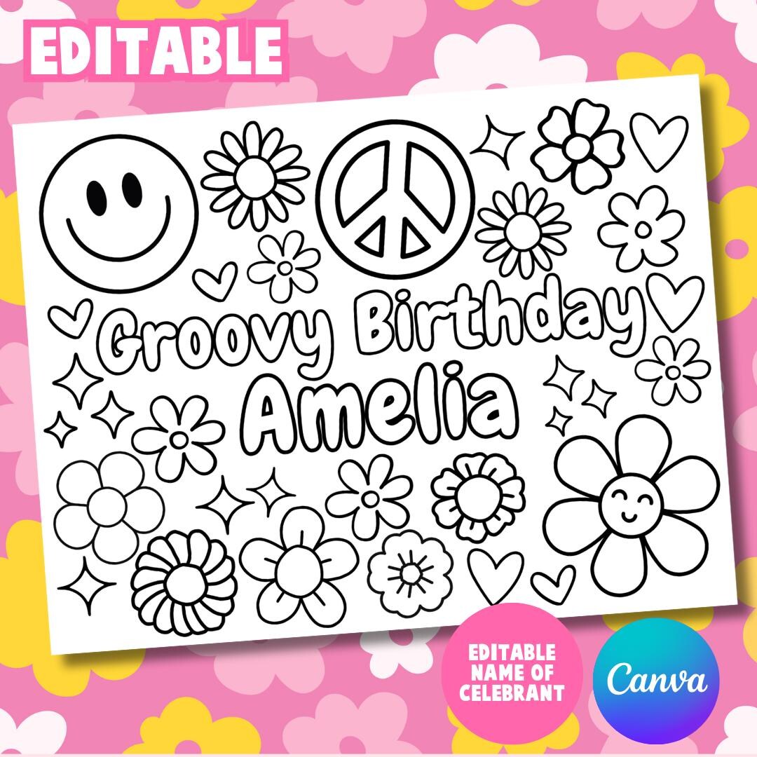 Groovy Birthday Coloring Sheet: Retro Flower Power Party (digital ...