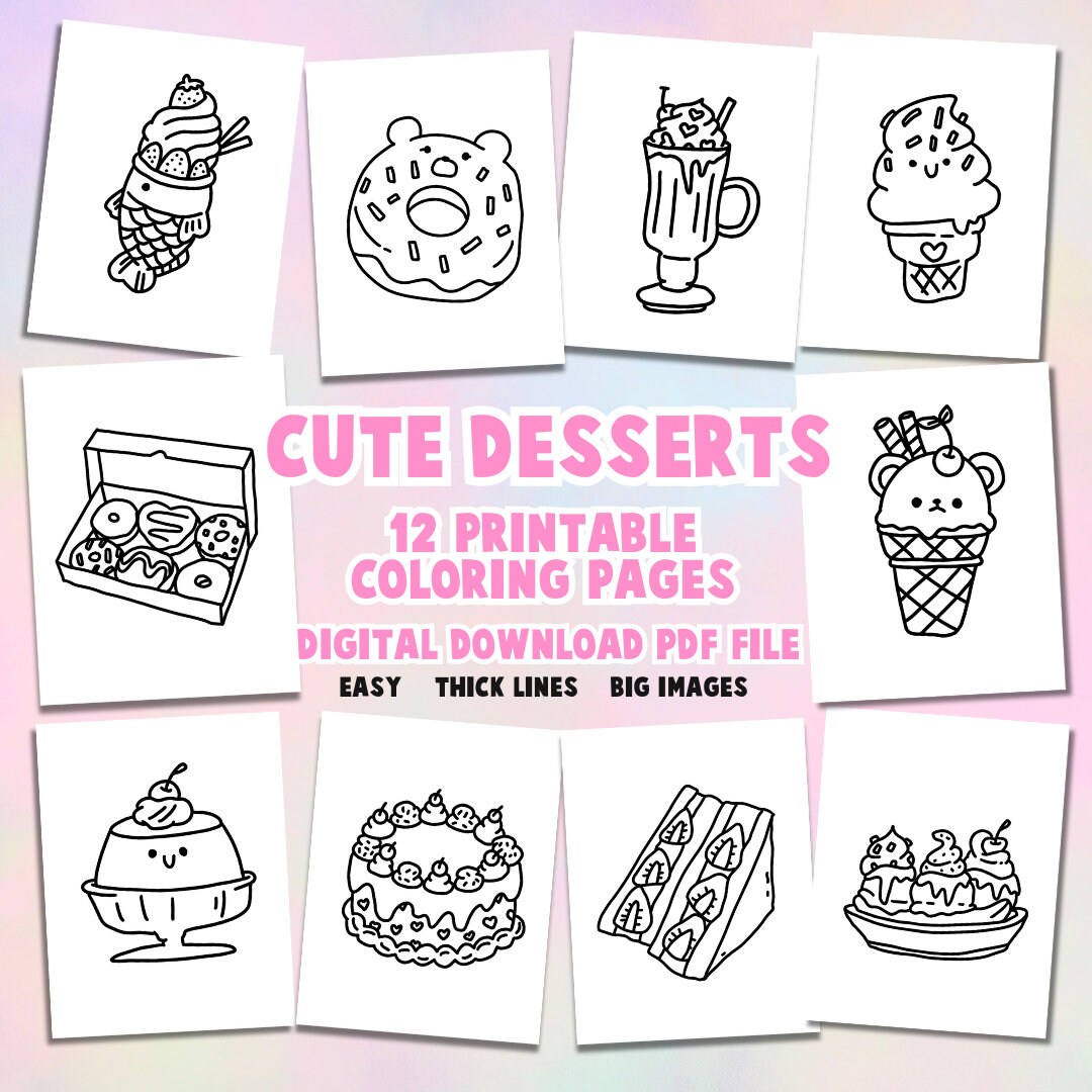 Desserts Coloring Pages Cute Easy Thick Lines Adult Kids Book Simple ...