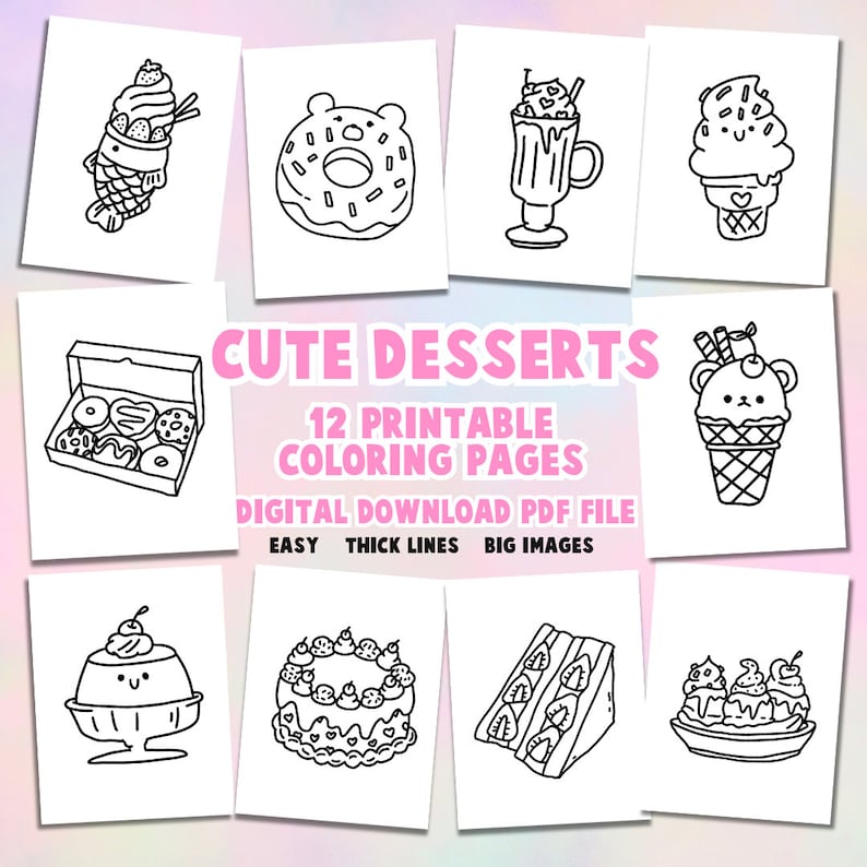 Desserts Coloring Pages Cute Easy Thick Lines Adult Kids Book Simple ...