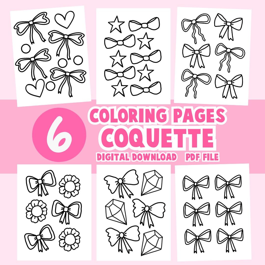 Coquette Coloring Pages Bundle Book for Adult Kids Easy Ribbon Pattern ...