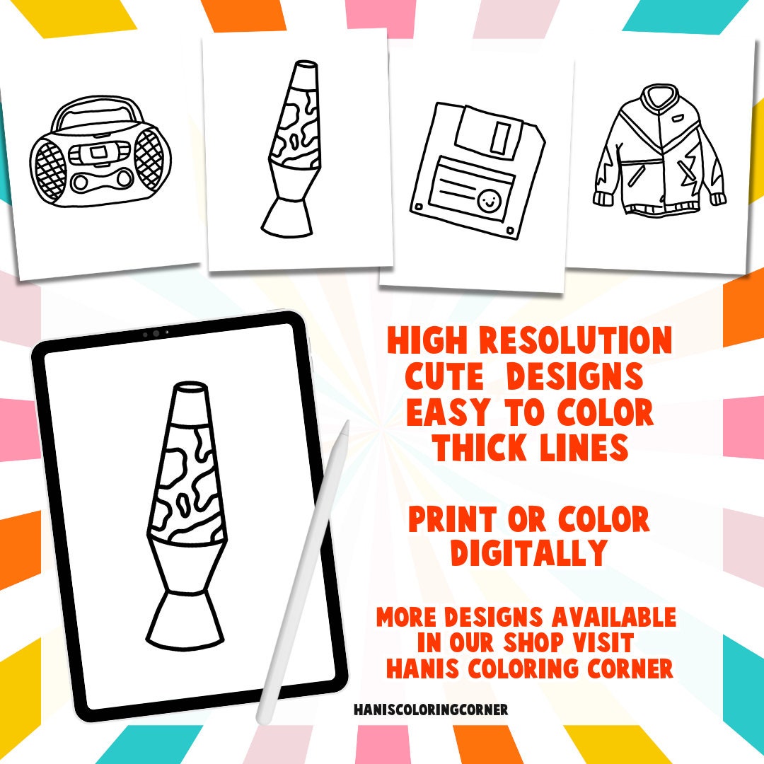 Retro Coloring Pages 90s Color Book Easy Cute Printable Adult Kids ...