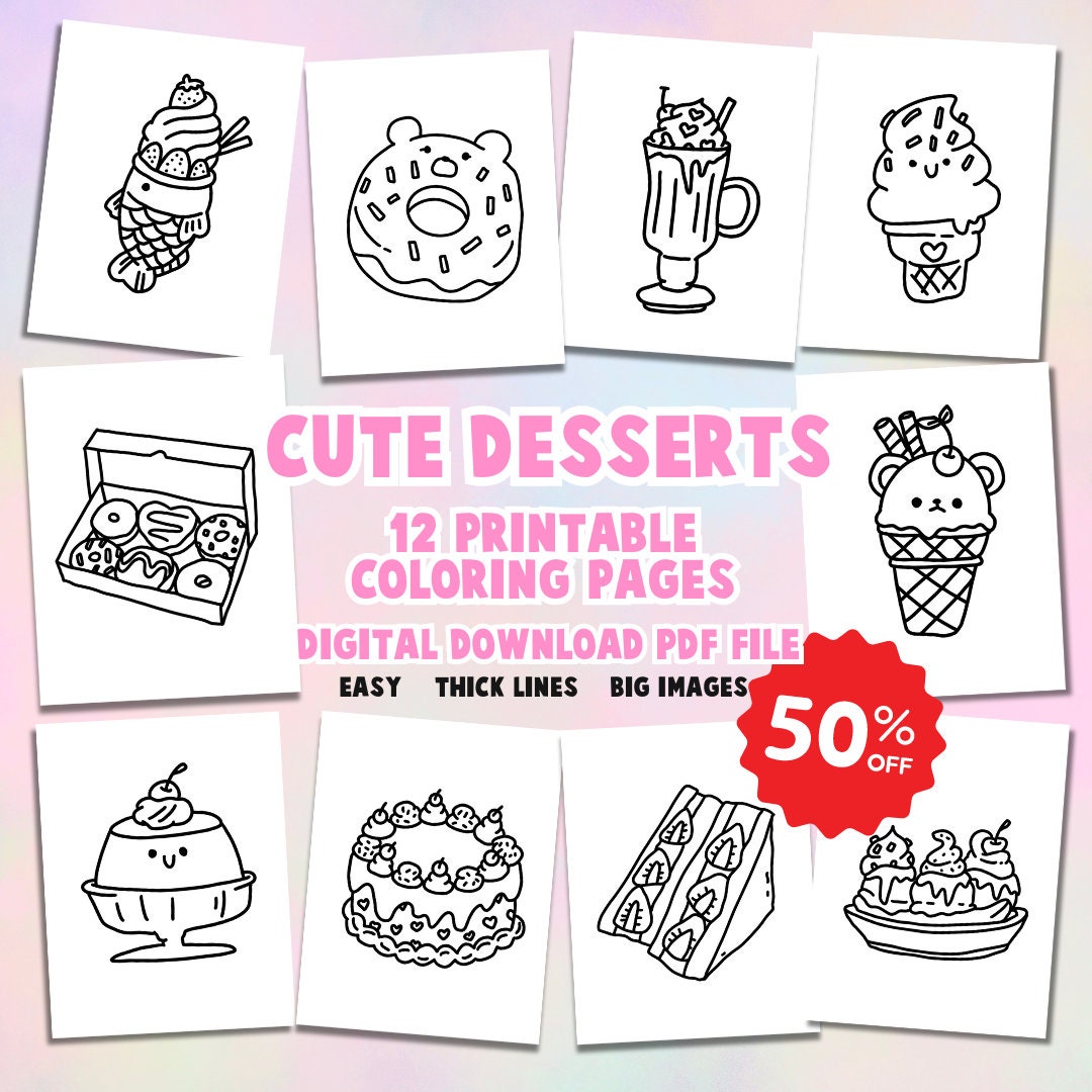 Desserts Coloring Pages Cute Easy Thick Lines Adult Kids Book Simple ...