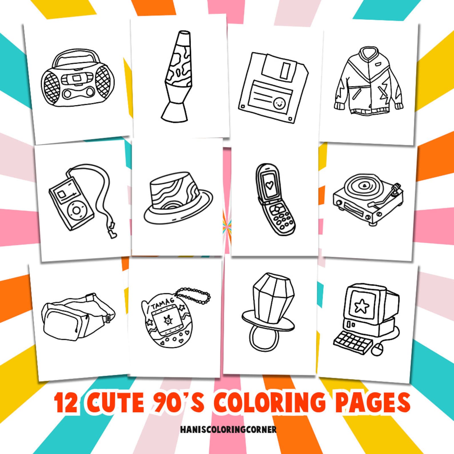 Retro Coloring Pages 90s Color Book Easy Cute Printable Adult Kids ...