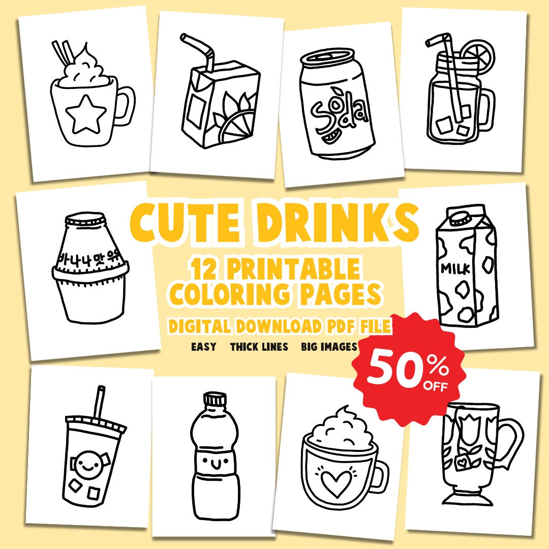Drinks Coloring Pages Easy Cute Adult Kids Book Simple Printable ...
