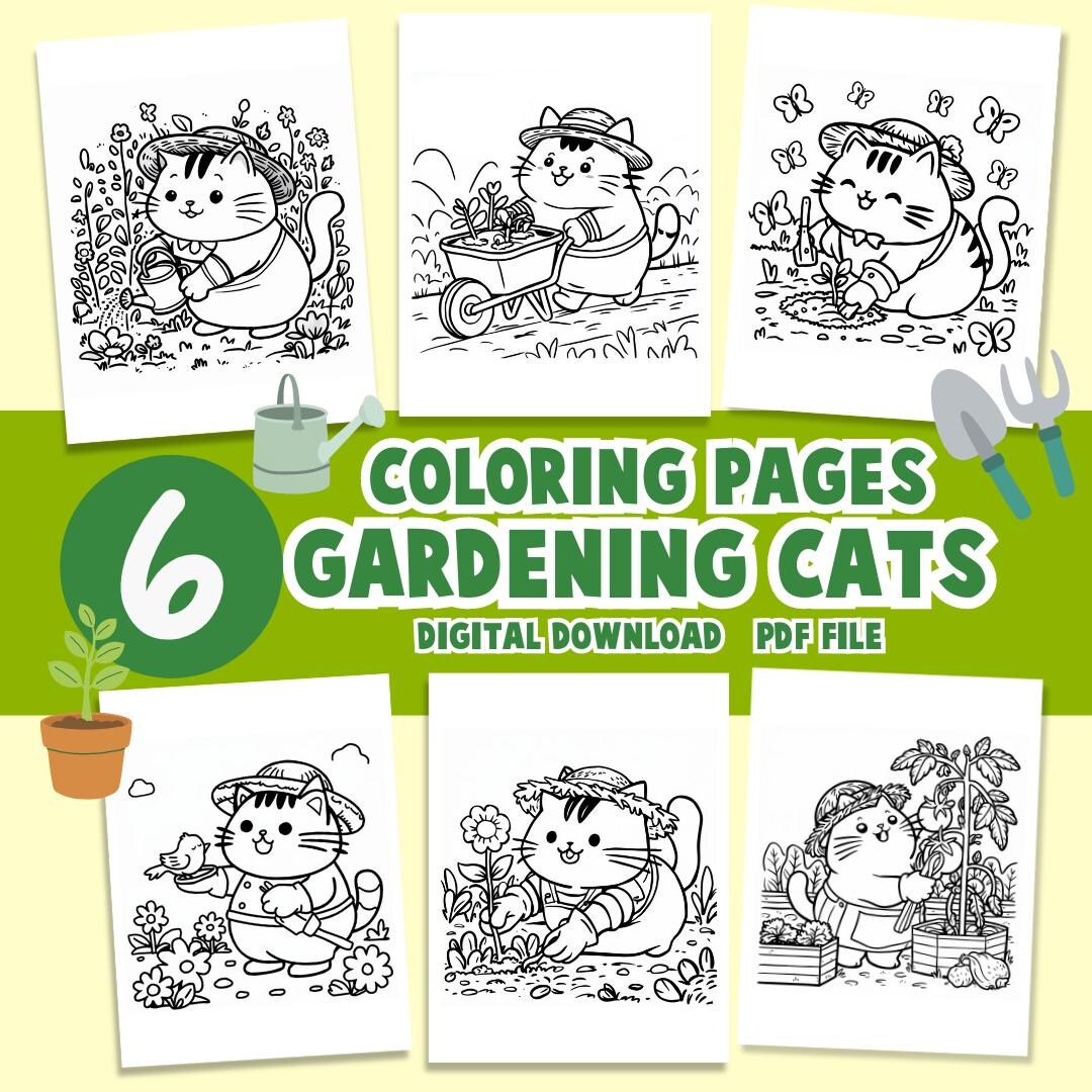 Gardening Cat Coloring Book Pages Easy Cartoon Kitten Flowers Cute ...