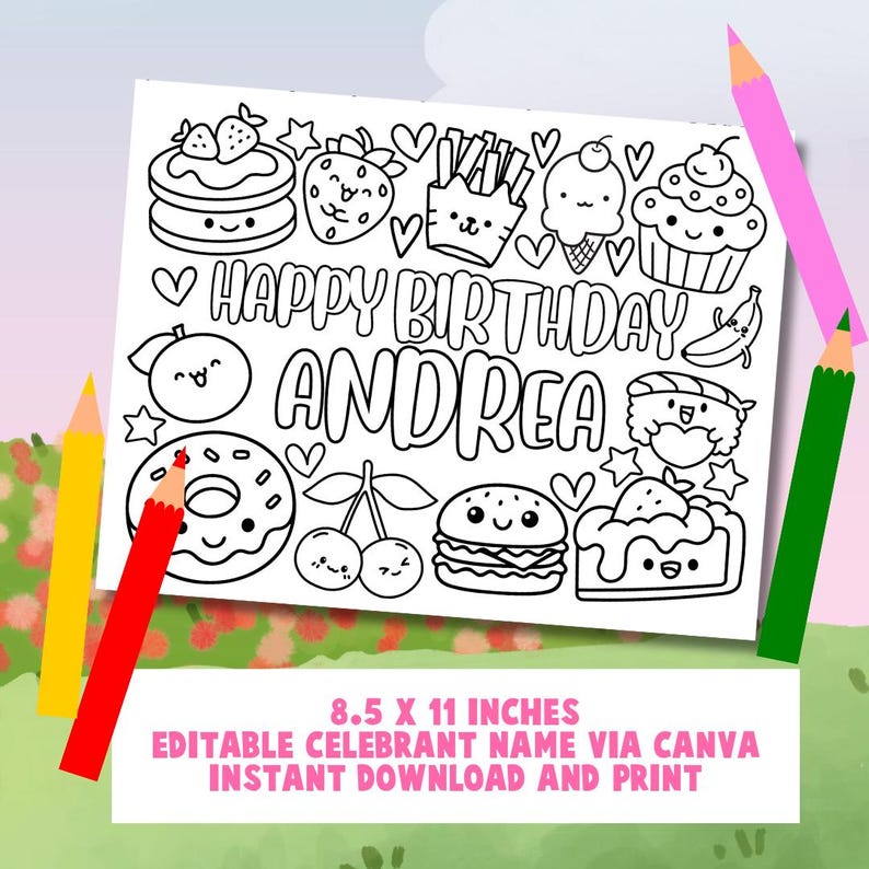 Custom Name Kawaii Birthday Coloring Page, Printable Coloring Page ...