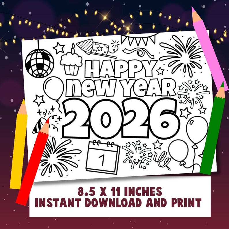Happy New Year 2026 Coloring Page, Coloring Page, Printable Coloring ...